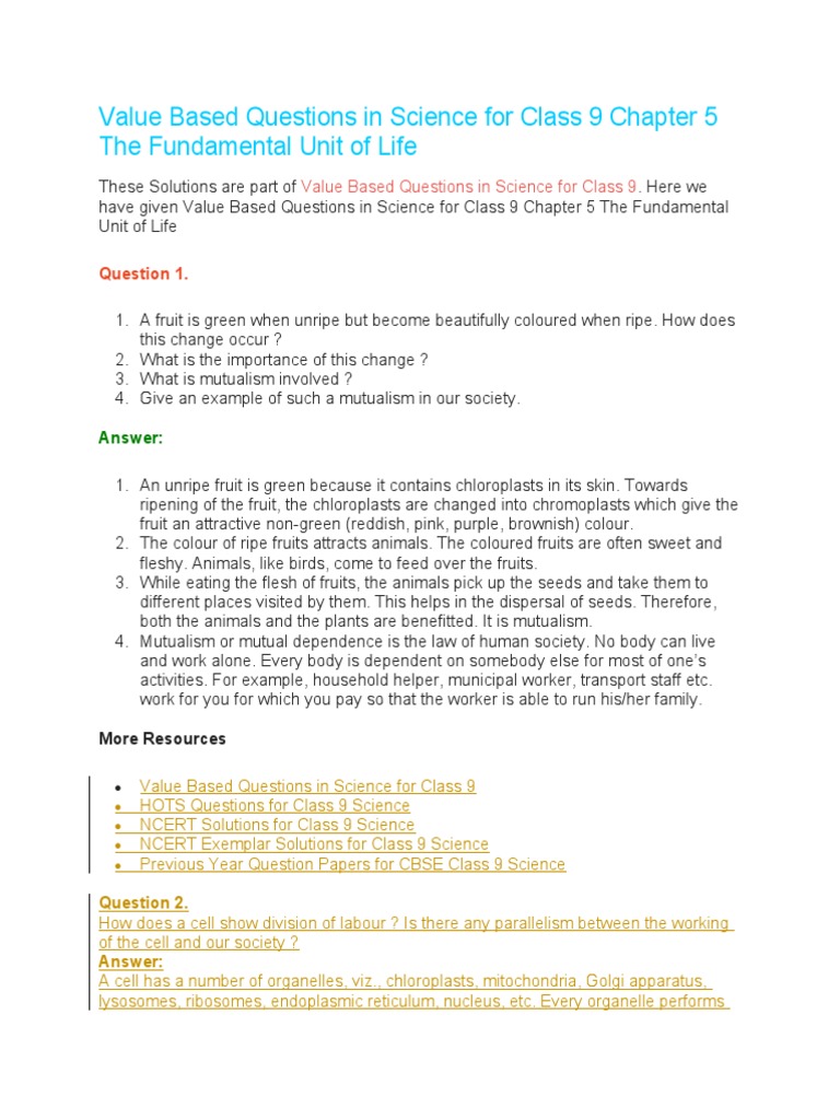 Value Based Questions in Science For Class 9 Chapter 5 The Fundamental ...