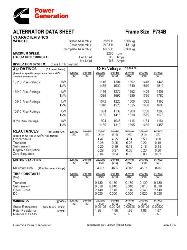 Alternator Data Sheet - Cummins | PDF | Motor eléctrico | Cantidad