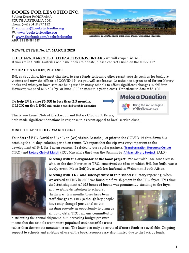 Books For Lesotho Inc.: 8 Alma Street PANORAMA South Australia 5041 ...
