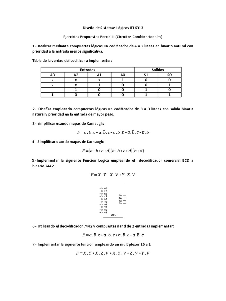 Ejercicios Propuestos Parcial II Diseño de Sistemas Logicos (Circuitos Combinacionales) | PDF