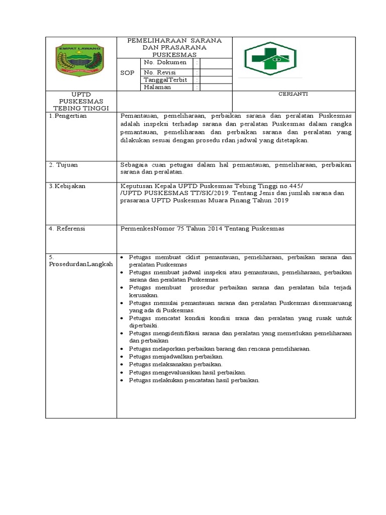 Sop Tentang Pemeliharaan Sarana Dan Prasarana Puskesmas | PDF