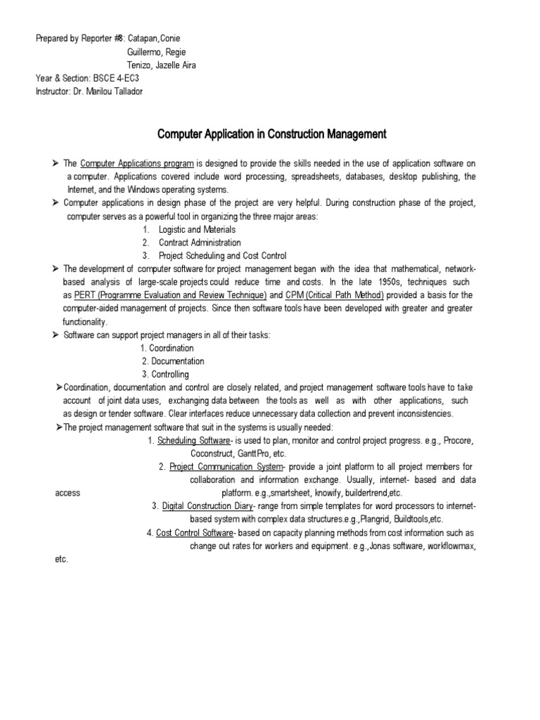 Computer Application in Construction Management | PDF | Project ...