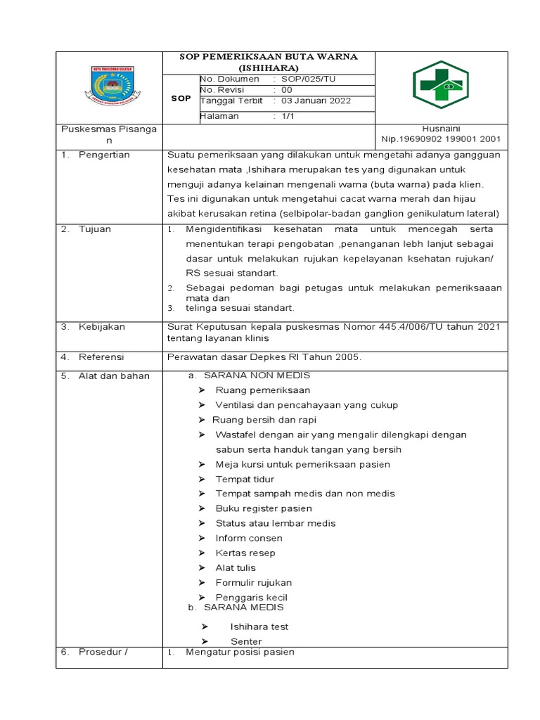 SOP Pemeriksaan Buta Warna Ishihara | PDF