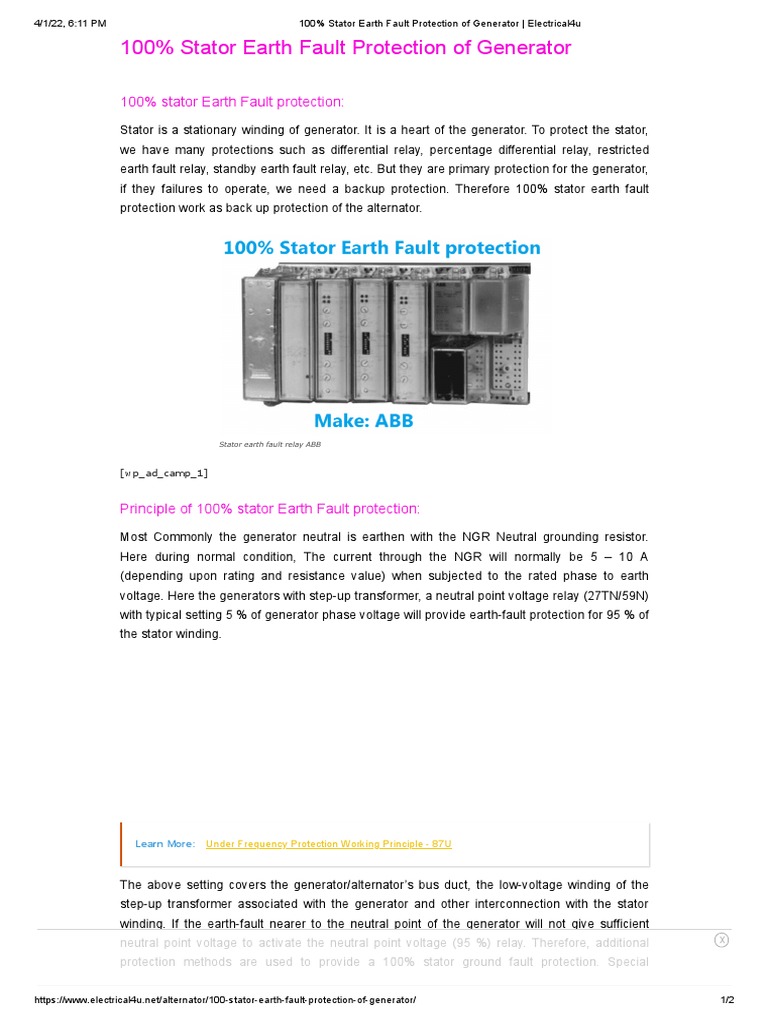100% Stator Earth Fault Protection of Generator - Electrical4u | PDF ...