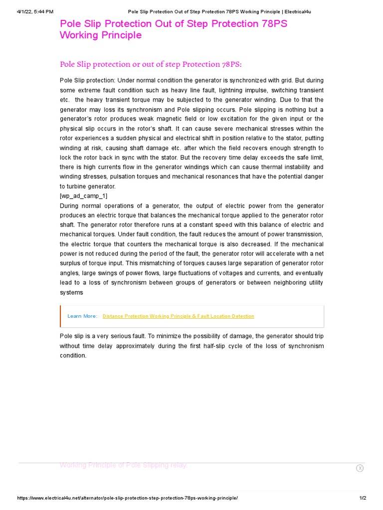 Pole Slip Protection Out of Step Protection 78PS Working Principle ...