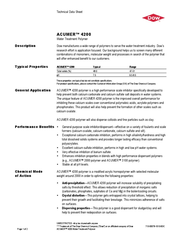713 00079 01 Acumer 4200 Water Treatment Polymer | PDF | Polymers | Calcium