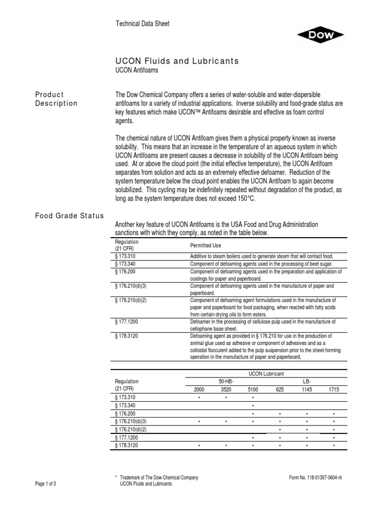 UCON Fluids and Lubricants: Regulation (21 CFR) Permitted Use | PDF | Solubility | Paper