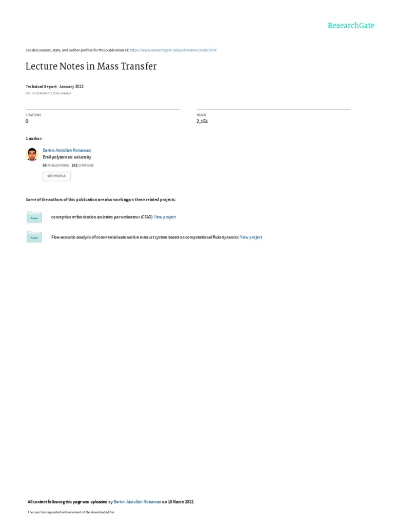 Lecture Notes In Mass Transfer Pdf Diffusion Humidity