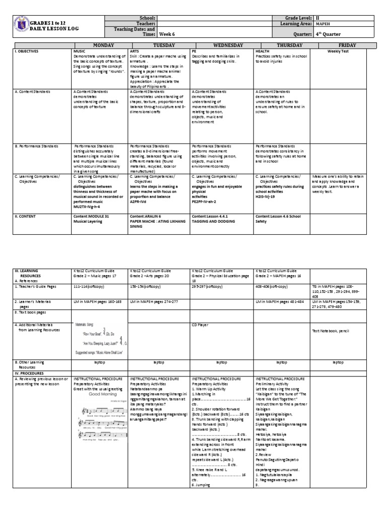Grade 2 DLL MAPEH 2 Q4 Week 6 | PDF | Curriculum | Learning