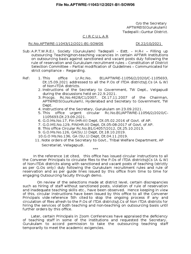 Revised Circular Instructions For Filling Up of Teaching Staff On OS ...