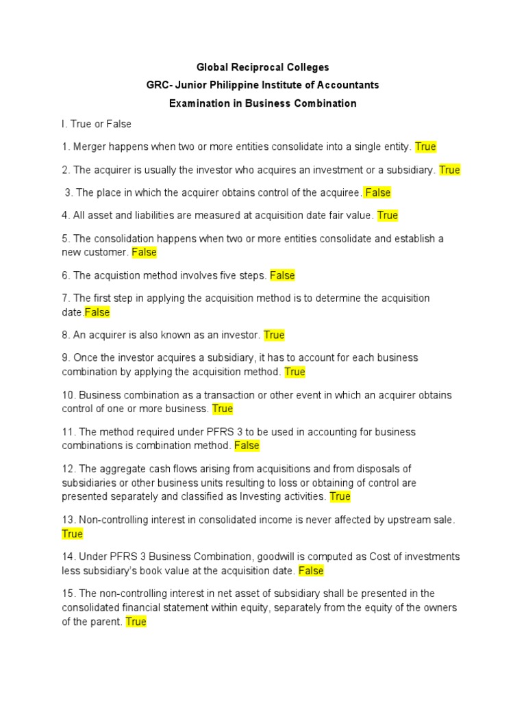 Exam3 Buscom T F MC Problems Final | PDF | Consolidation (Business) | Goodwill (Accounting)