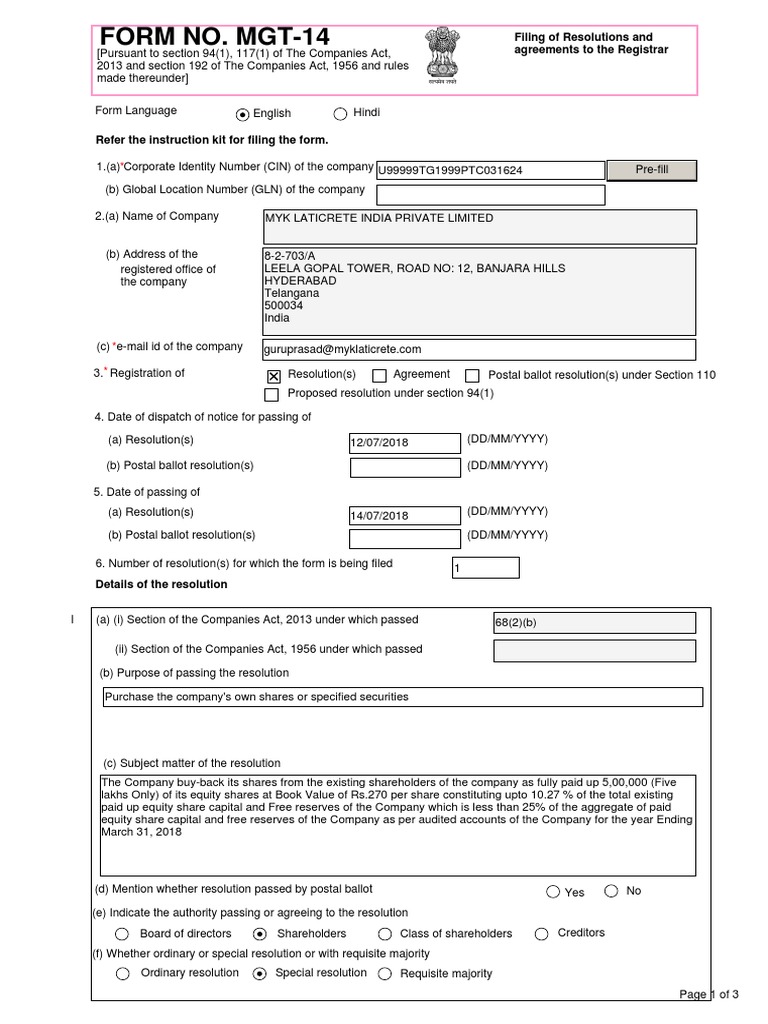 Form No. Mgt-14: Filing of Resolutions and Agreements To The Registrar ...