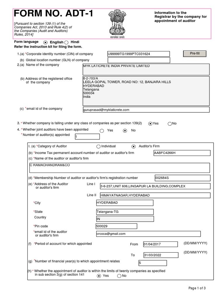 Form No Adt 1 Information To The Registrar By The Company For