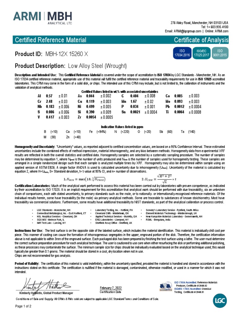 Certified Reference Material Certificate of Analysis | PDF