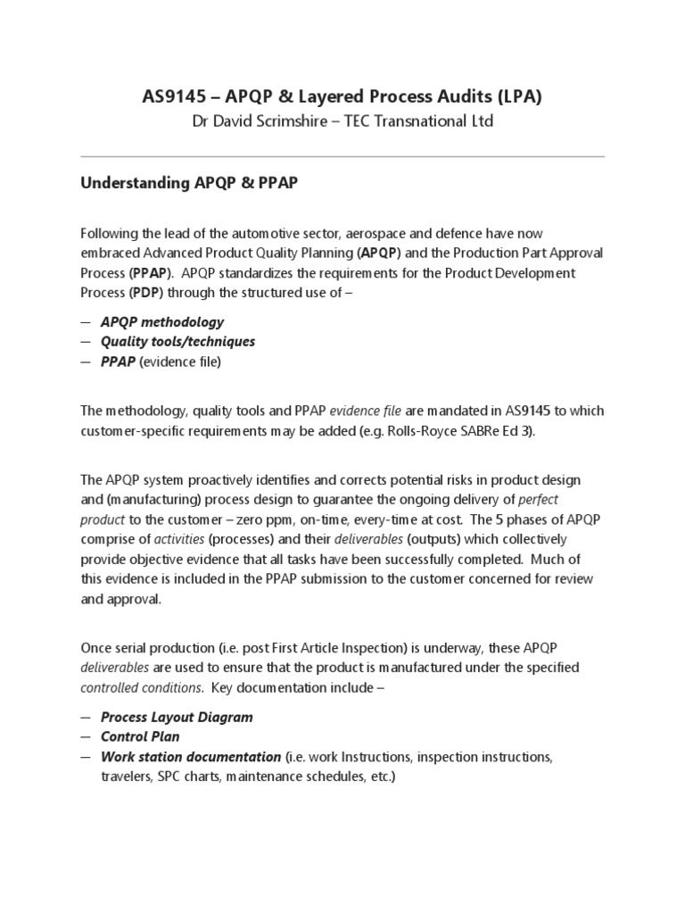 Layered Process Audits in APQP | PDF | Audit | Quality Management System