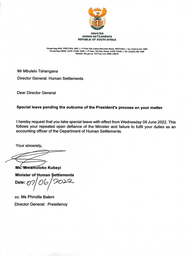 Letter To DG Tshangana | PDF