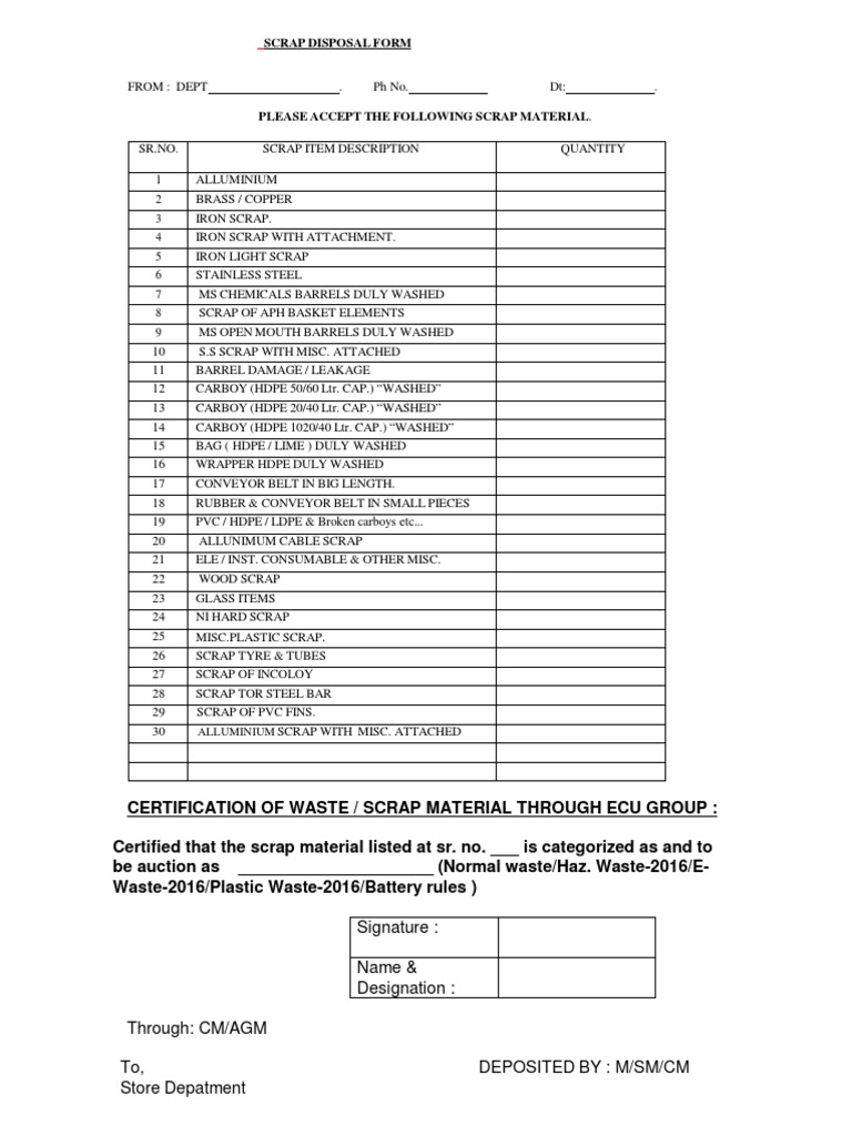 Scrap Disposal Form and Certification | PDF | Home & Garden