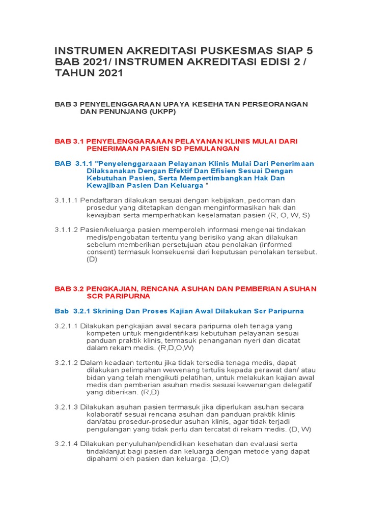 Daftar Isi Bab 3 Instrumen Akreditasi Puskesmas Siap 5 Bab 2021 | PDF