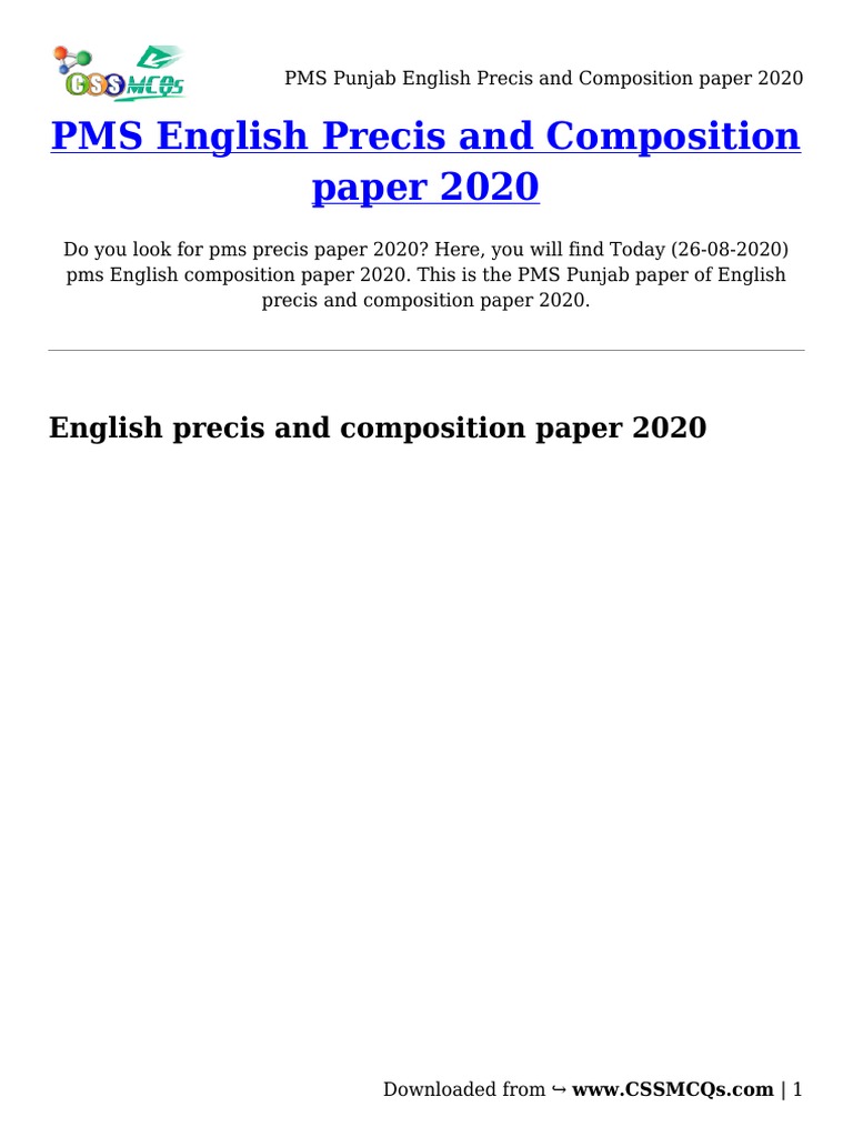 PMS Punjab English Precis and Composition Paper 2020 | PDF | English ...