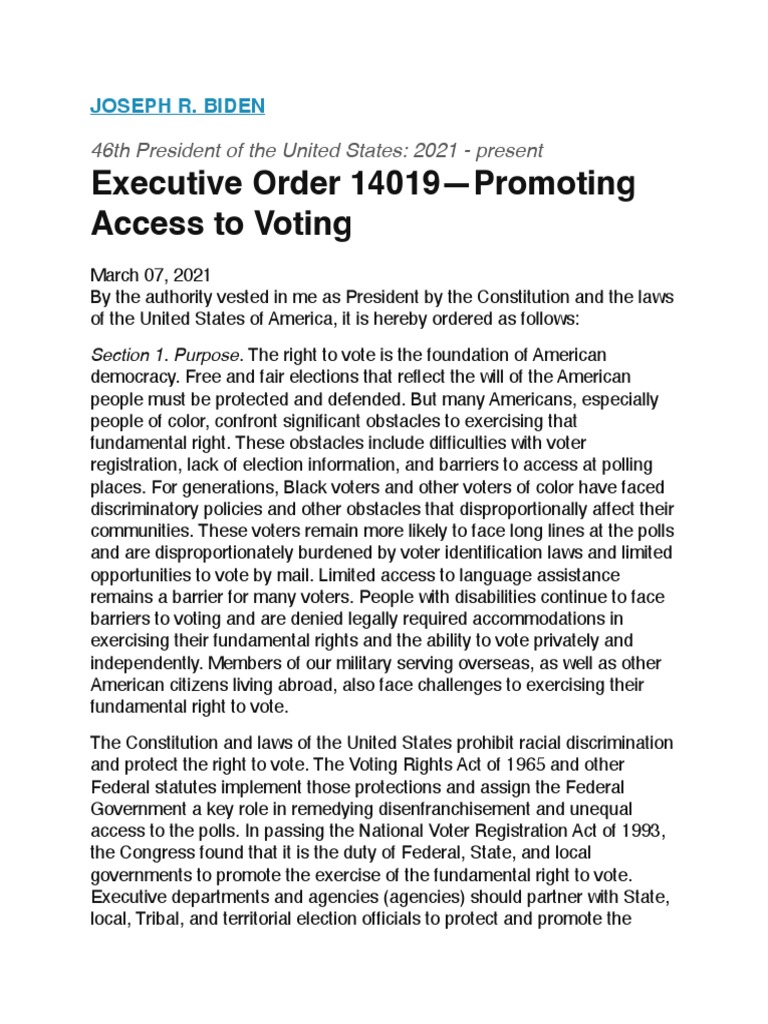 Joseph R. Biden Executive Order 14019 | PDF | Voter Registration ...
