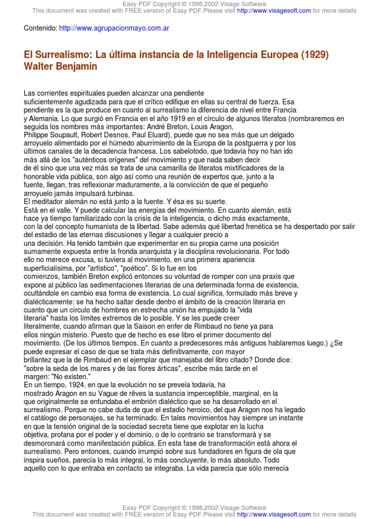 El Surrealismo (Walter Benjamin) | PDF | Surrealismo | Dialéctico