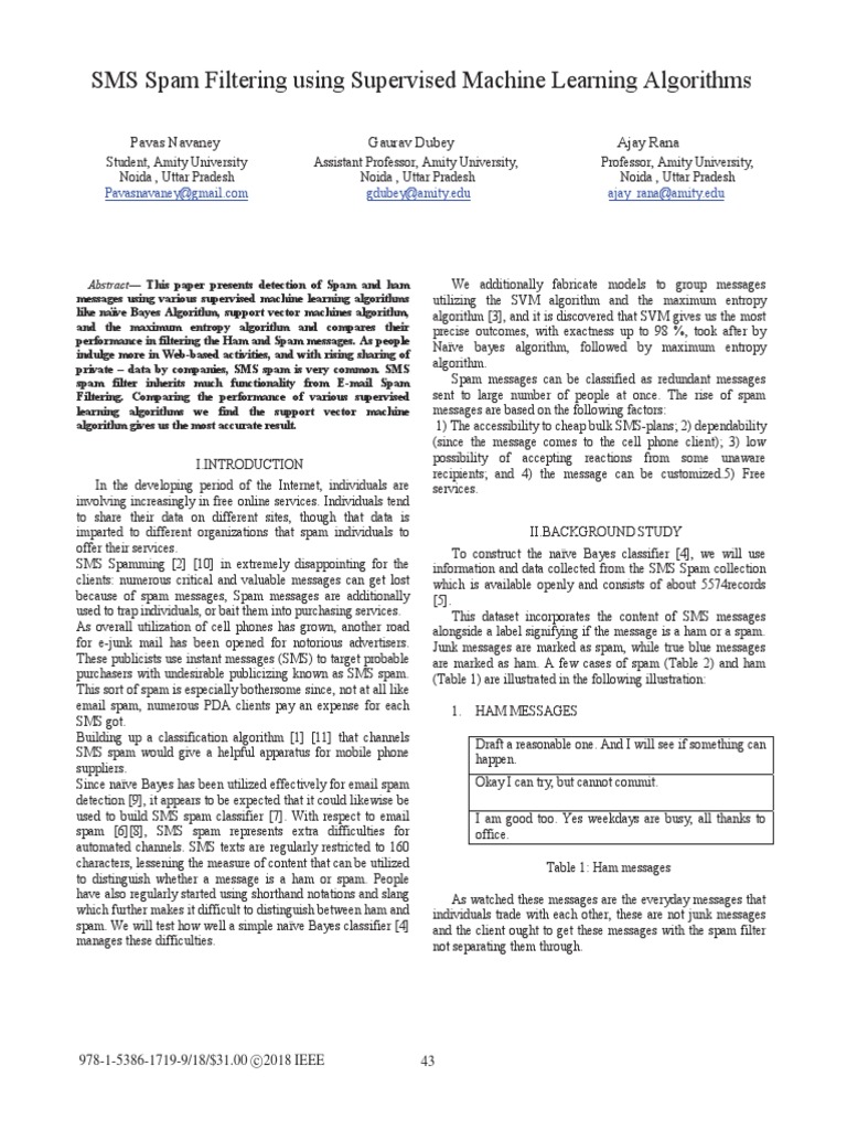 SMS Spam Filtering Using Supervised Machine Learning Algorithms | PDF ...