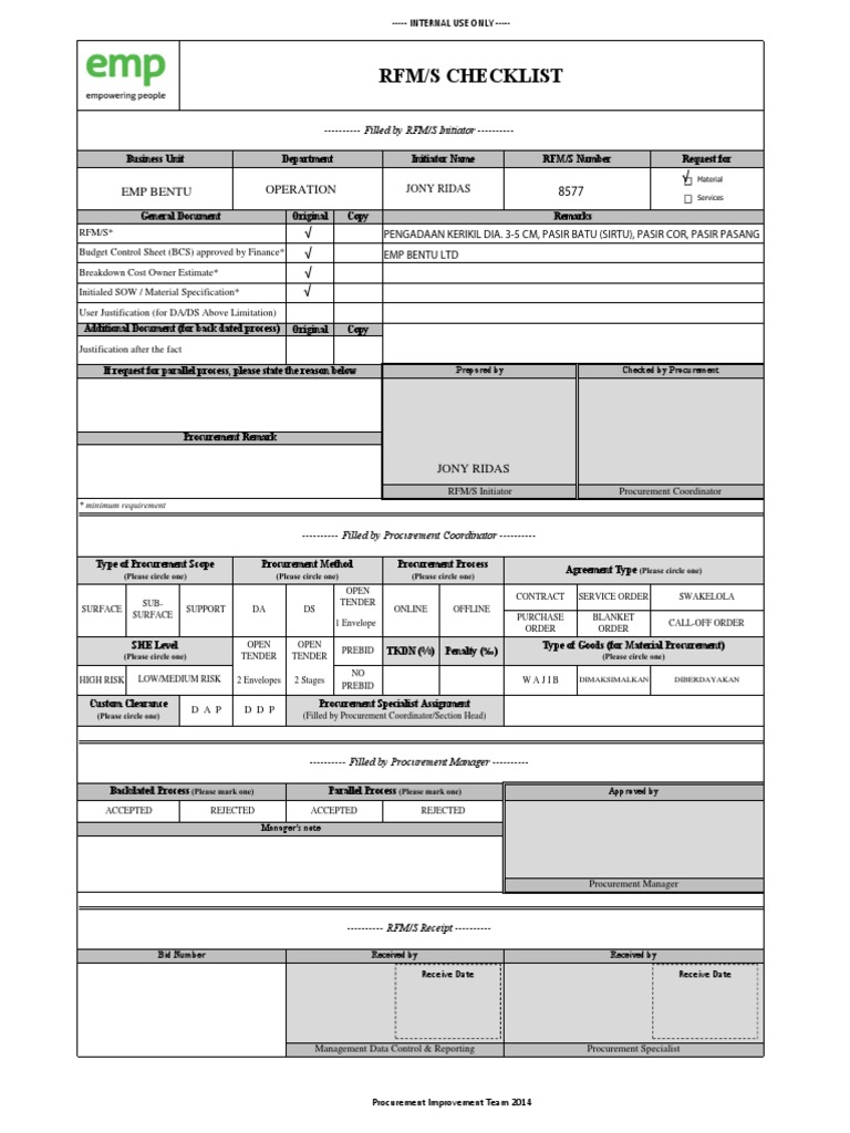 RFM/S Checklist: Emp Bentu Operation | PDF | Procurement | Business
