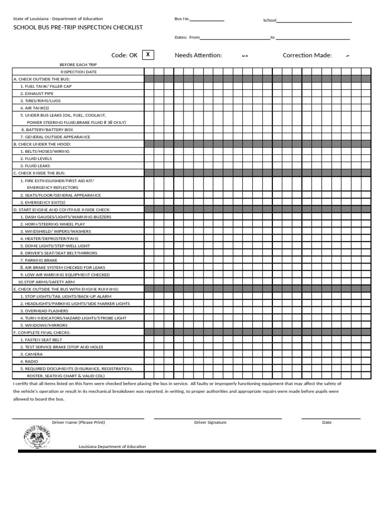 School Bus Pre-Trip Inspection Checklist | PDF | Transport | School Bus