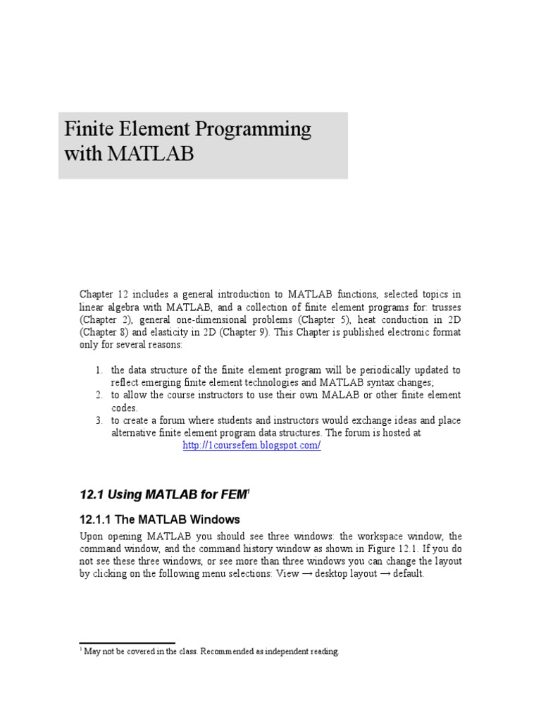 Finite Element Programming With MATLAB: 12.1 Using MATLAB For FEM | Download Free PDF | Matrix ...