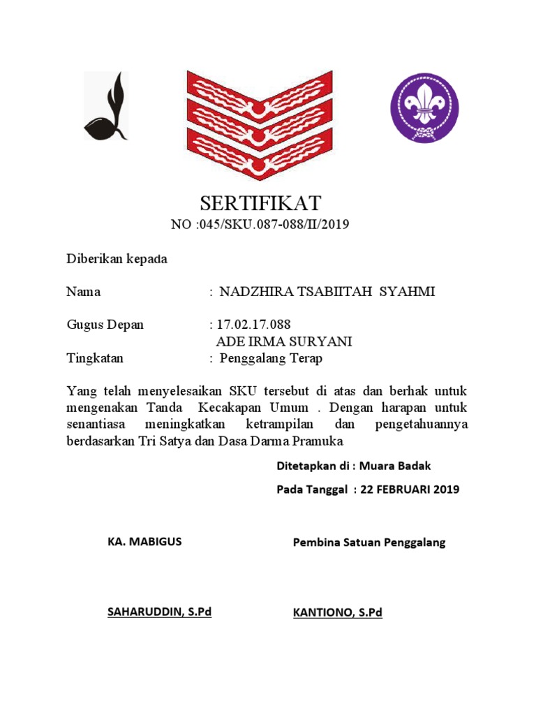 Sertifikat Pramuka Penggalang Terap 2019 | PDF | Karier & Perkembangan ...
