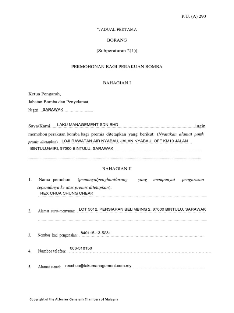 Jadual Pertama - Borang Permohonan Perakuan Bomba | PDF