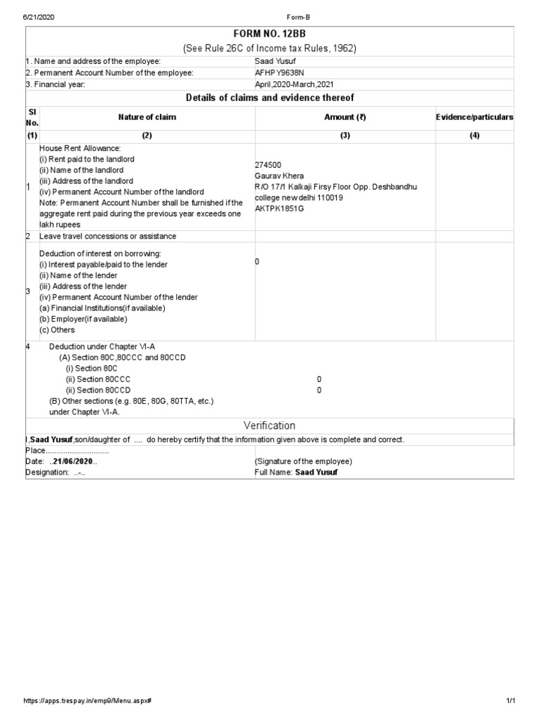 (See Rule 26C of Income Tax Rules, 1962) : Form No. 12Bb | PDF | Taxes ...