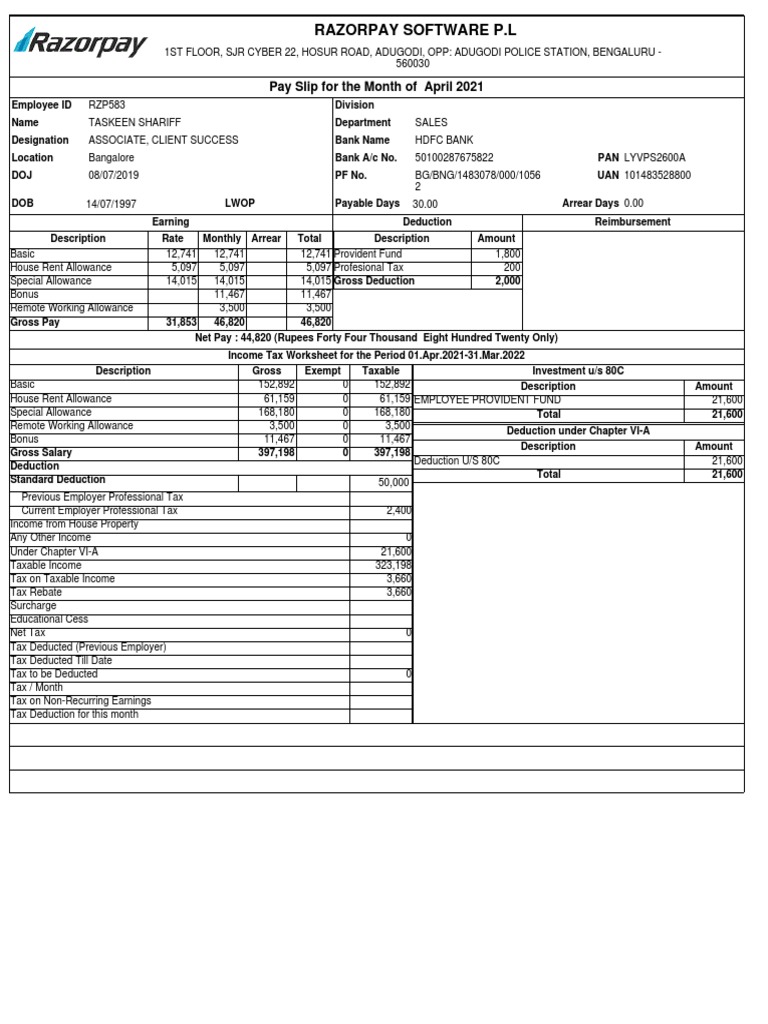 Razorpay Software P.L: Pay Slip For The Month of April 2021 | PDF ...