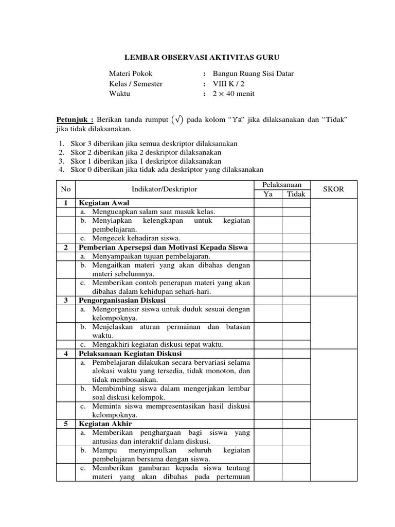 Lembar Observasi Aktivitas Guru Dan Siswa | PDF