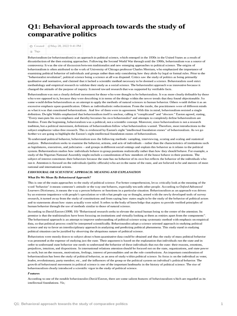 Q1 Behavioral Approach Towards The Study of Comparative Politics | PDF