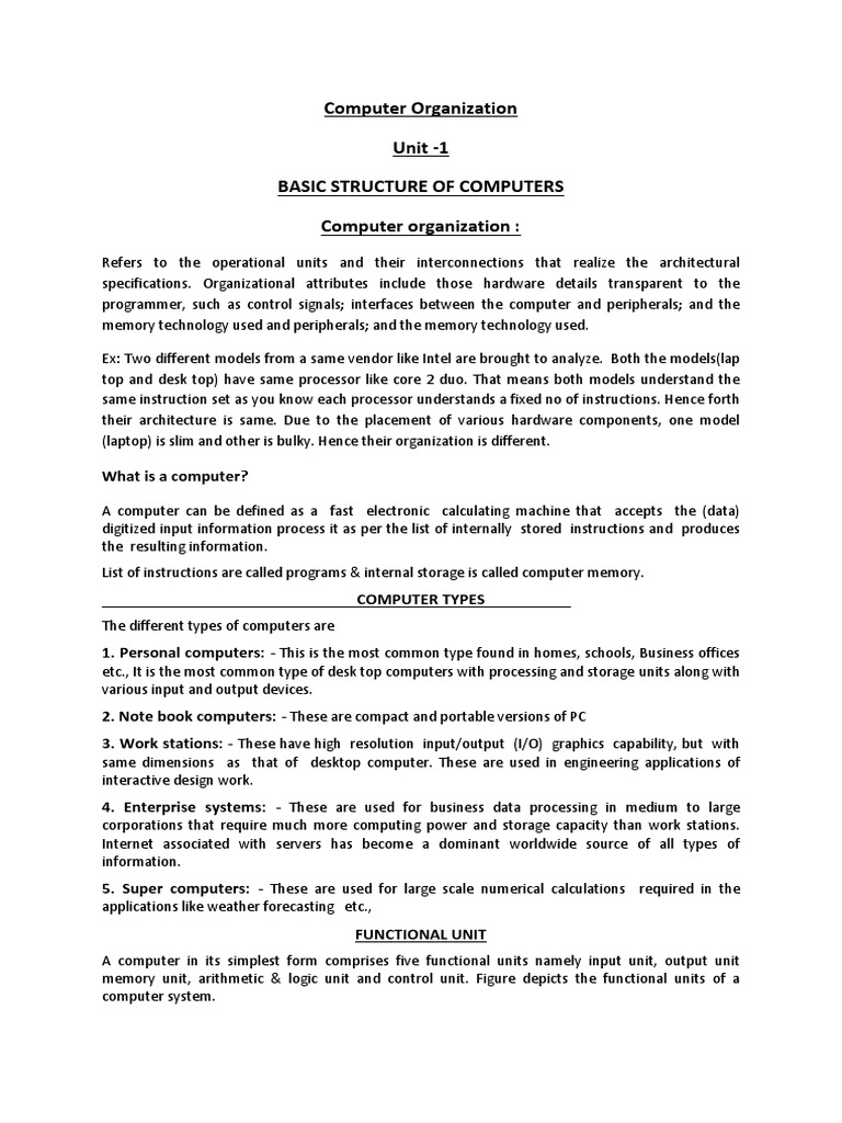 Computer Organization Unit - 1 Basic Structure of Computers Computer Organization | PDF ...