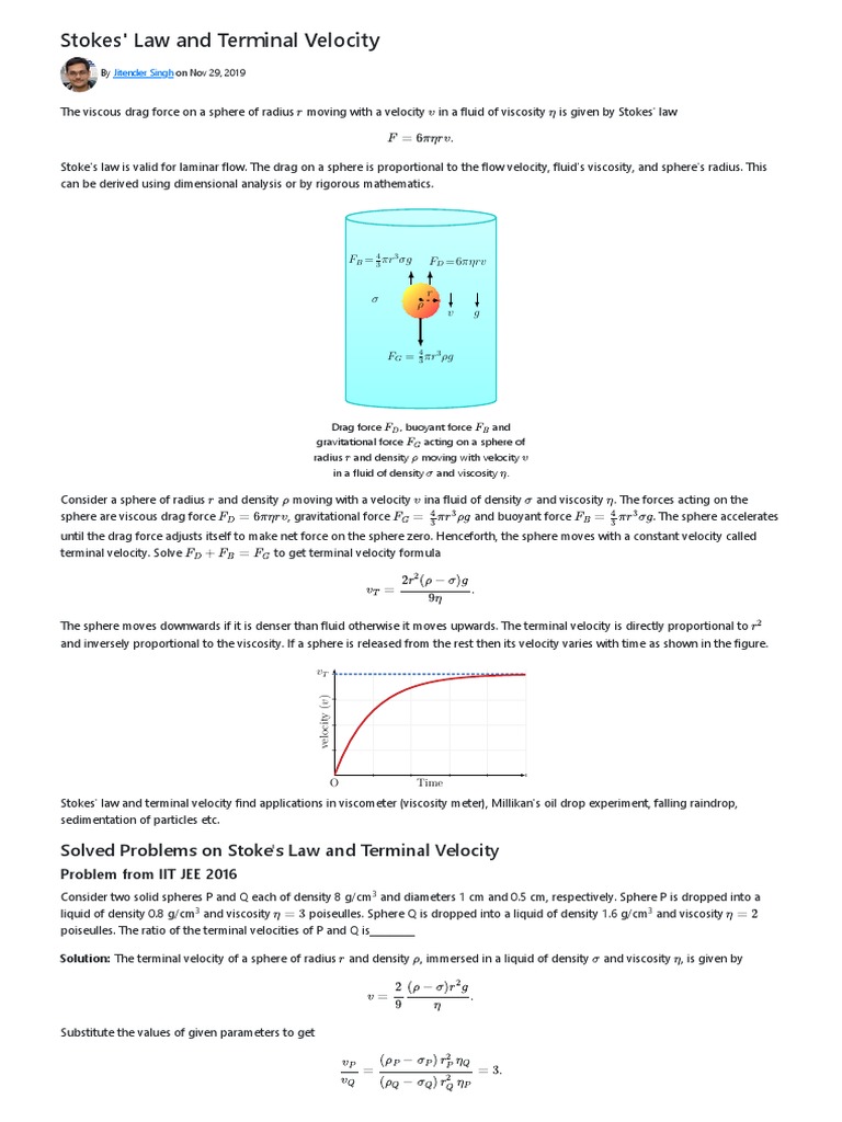 Stokes Law and Terminal Velocity - Concepts and Problems | PDF
