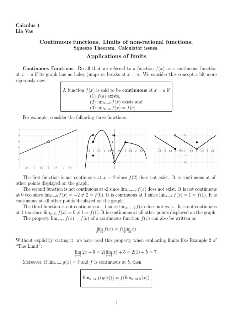 Continuous Functions Limits Of Non Rational Functions Applications Of Limits Pdf Function