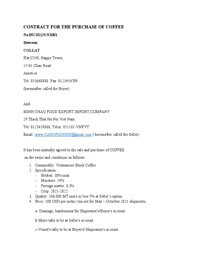 Contract For The Purchase of Coffee | PDF | Cargo | Trade