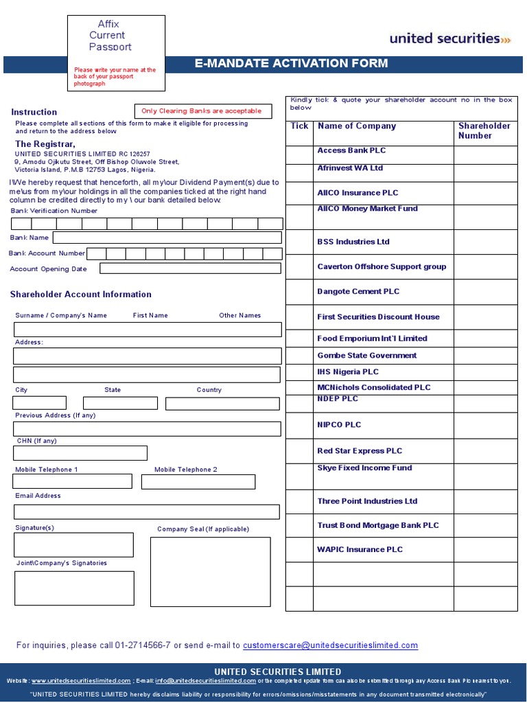 United Securities Registrars e DIVIDEND MANDATE FORM | PDF | Banks ...