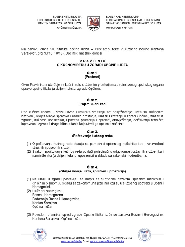 Pravilnik o Kucnom Redu U Zgradi Opcine Ilidza | PDF