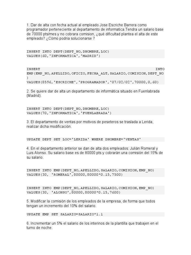 Ejercicios SQL | PDF | SQL | Software de gestión de datos