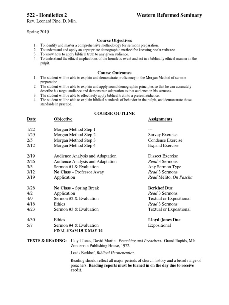 522 - Homiletics 2 Western Reformed Seminary: Course Objectives | PDF ...