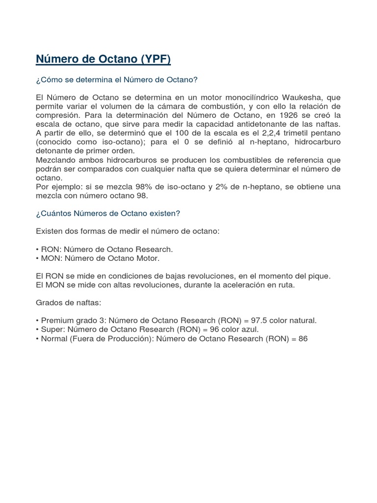 Número Octano | PDF | Gasolina | Ingeniería de Procesos Químicos