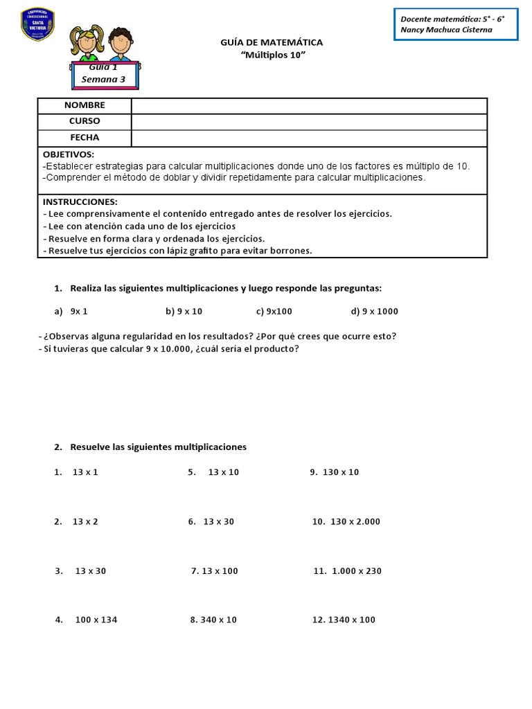 Guía Matemática 5° - 6° Semana 3 | PDF | Multiplicación | Matemáticas