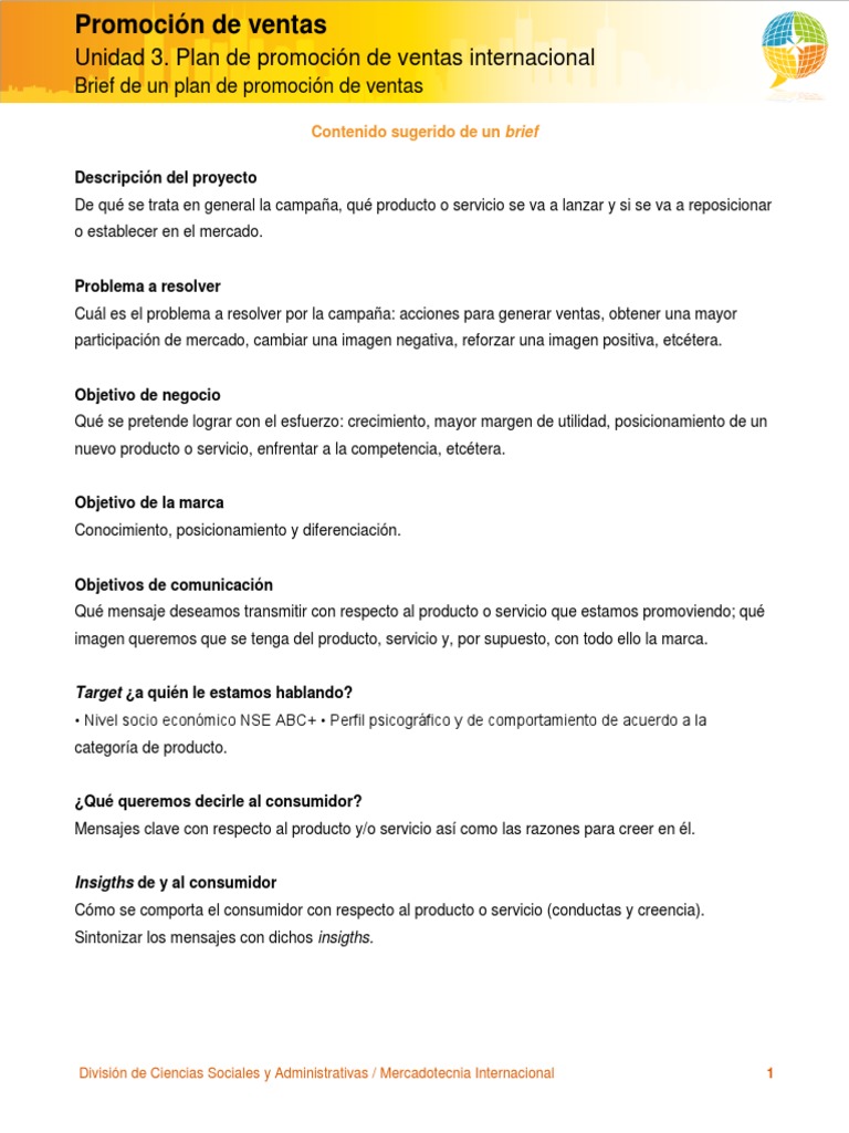 Brief de Un Plan de Promocion de Ventas | PDF | Producto (Negocio) | Marca