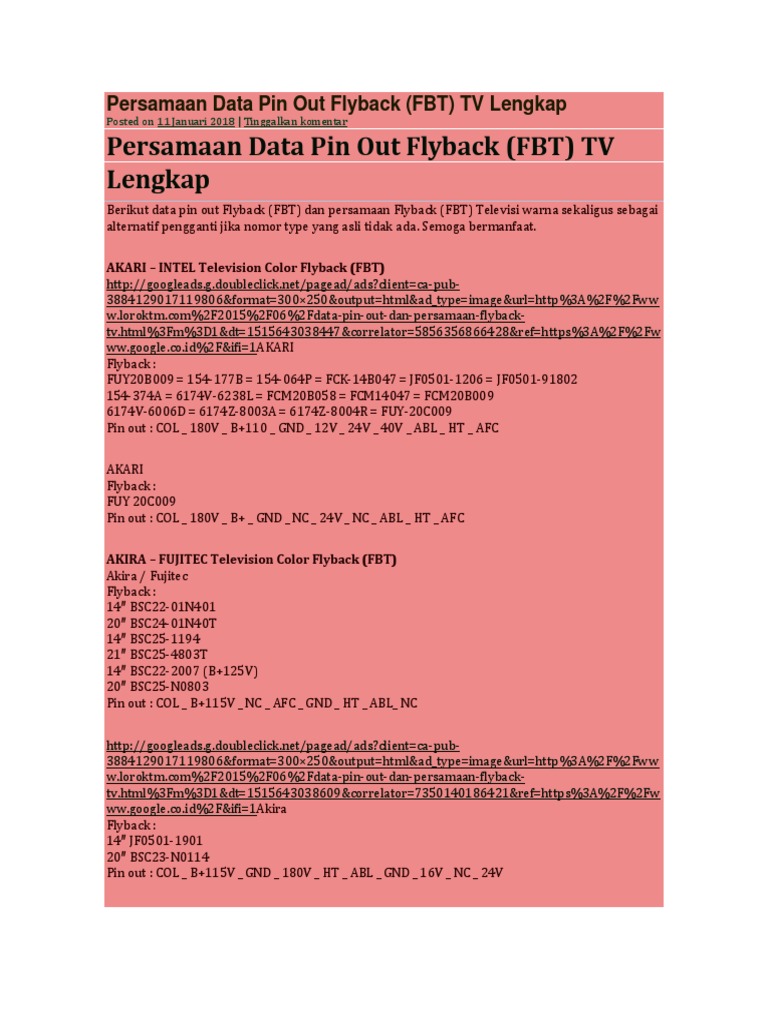 Persamaan Data Pin Out Flyback | PDF | Computers | Technology & Engineering