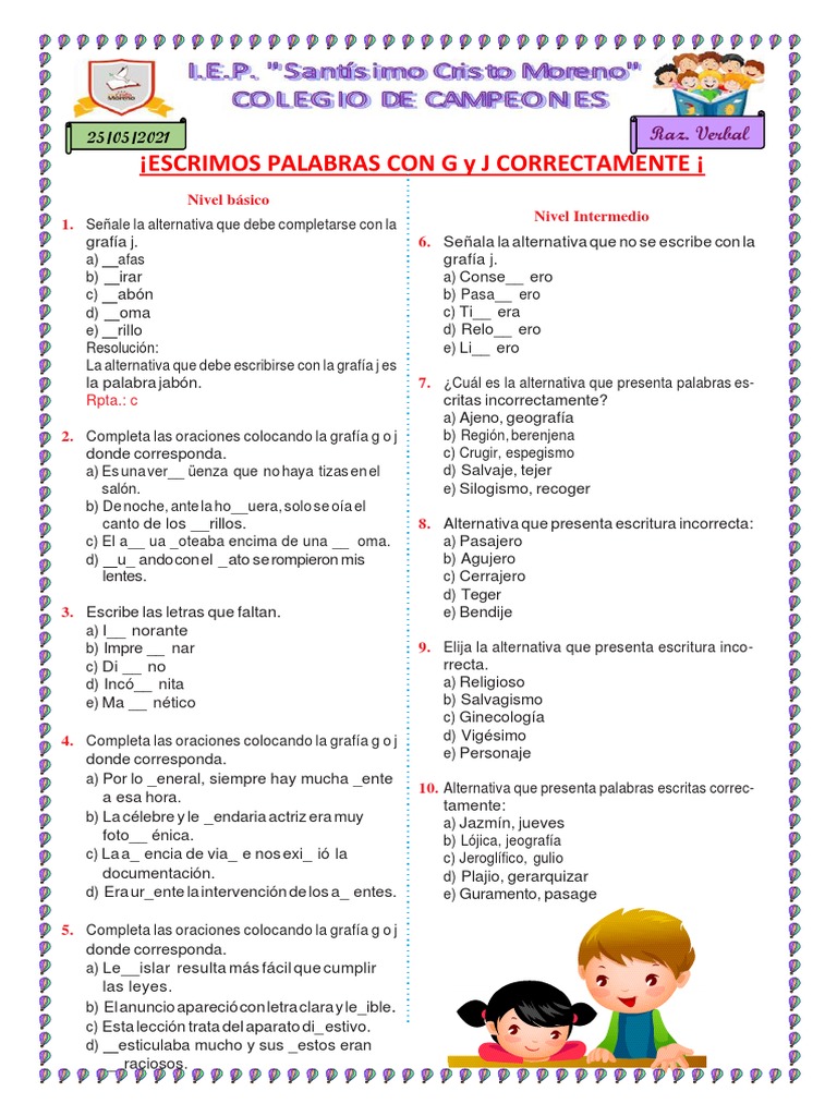 ¡Escrimos Palabras Con G Y J Correctamente ¡: Raz. Verbal | PDF