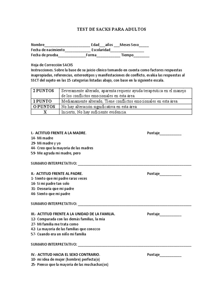 Calificación Test de Sacks para Adultos | PDF