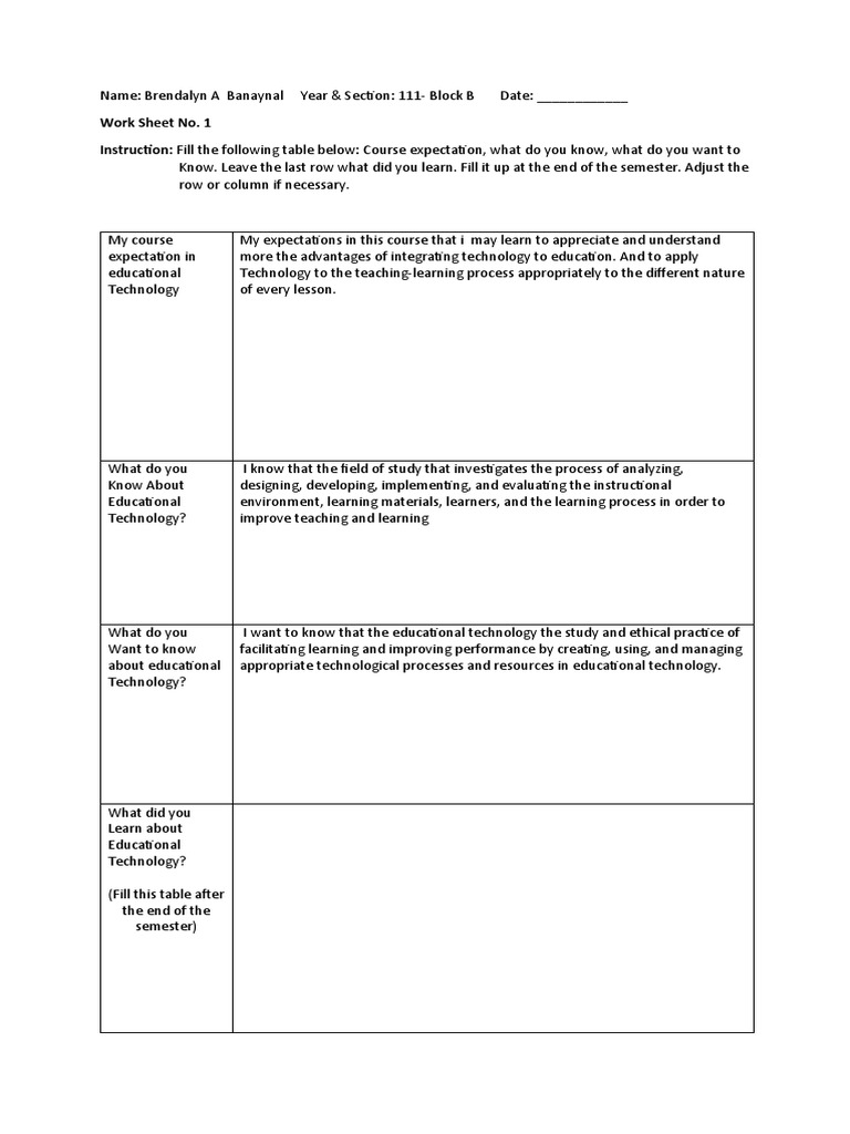 Worksheet 1 3 | PDF | Educational Technology | Learning